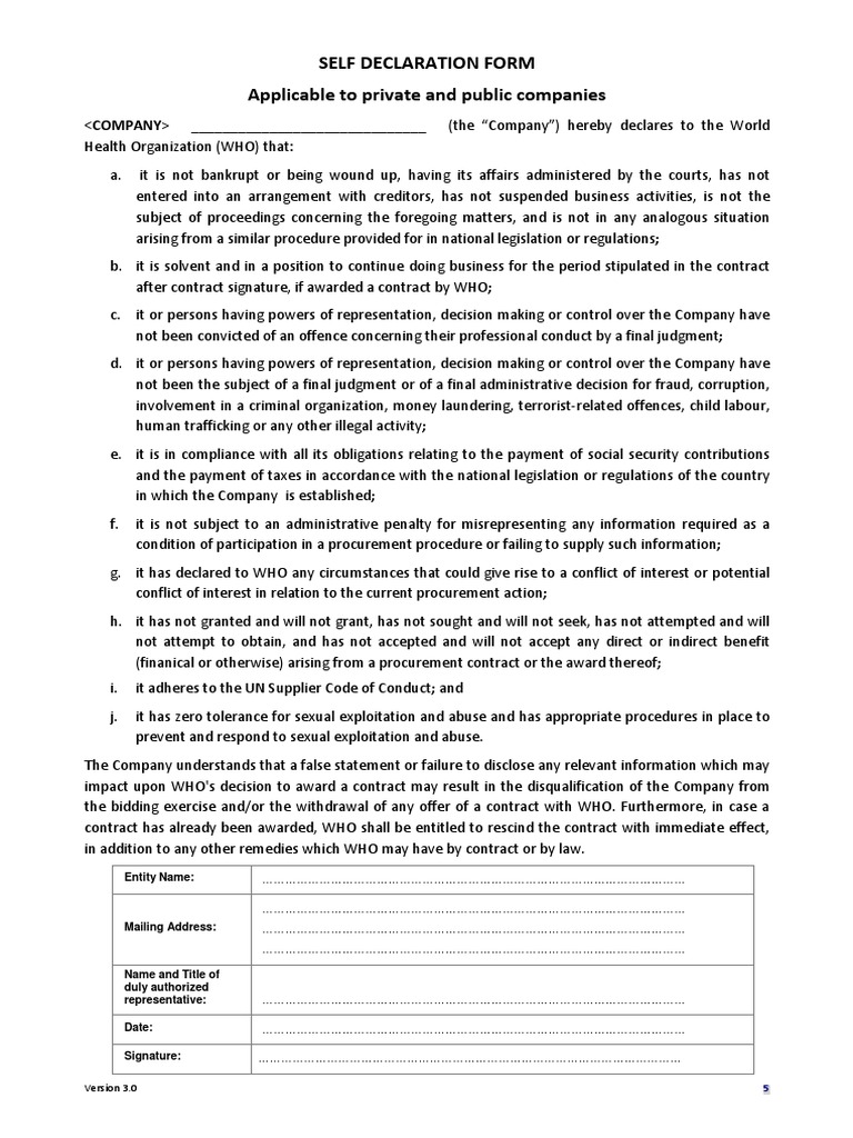 Self Declaration Form Applicable To Private and Public Companies | PDF ...