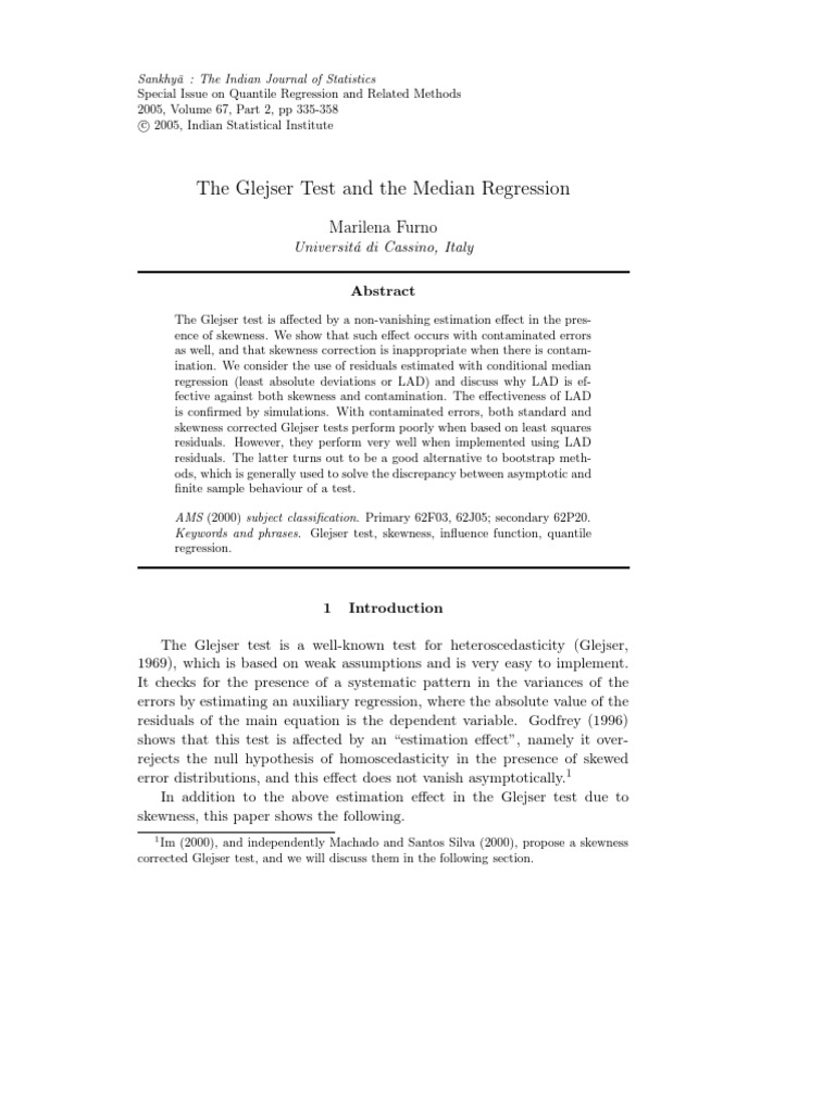The Glejser Test and The Median Regression: Marilena Furno | PDF ...