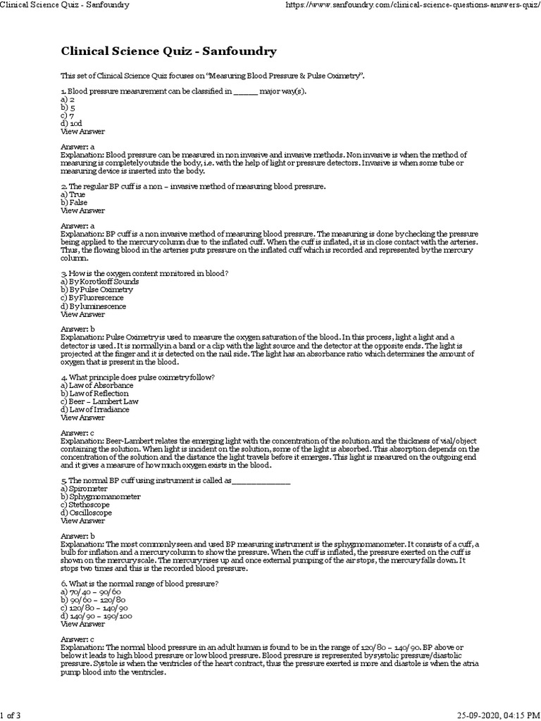 Clinical Science: BP & Oximetry Quiz | PDF | Diastole | Blood Pressure