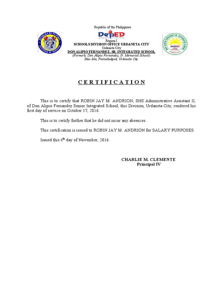 Certificate of First Day of Duty | PDF