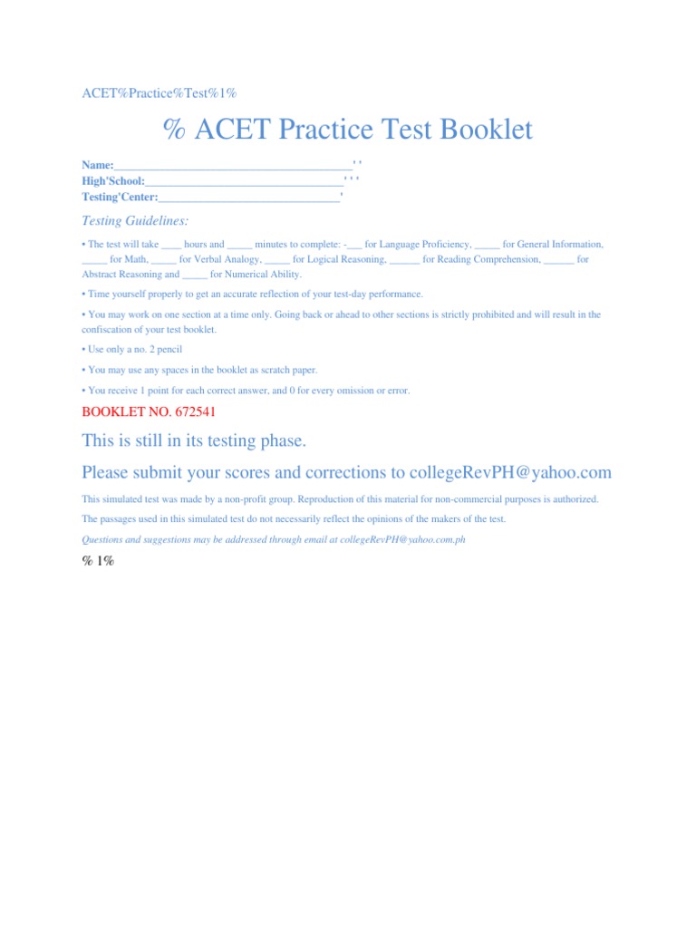 % ACET Practice Test Booklet: This Is Still in Its Testing Phase | PDF ...