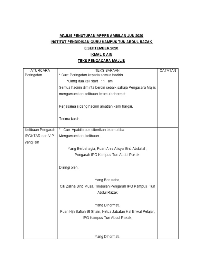 Teks Pengacaraan Majlis Penutupan | PDF Teks Pengacaraan Majlis Penutupan | PDF