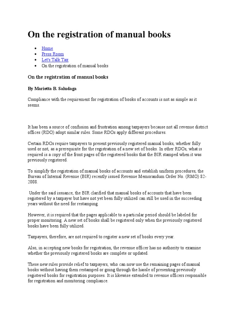 Manual Books of Accounts | Download Free PDF | Taxpayer | Taxes