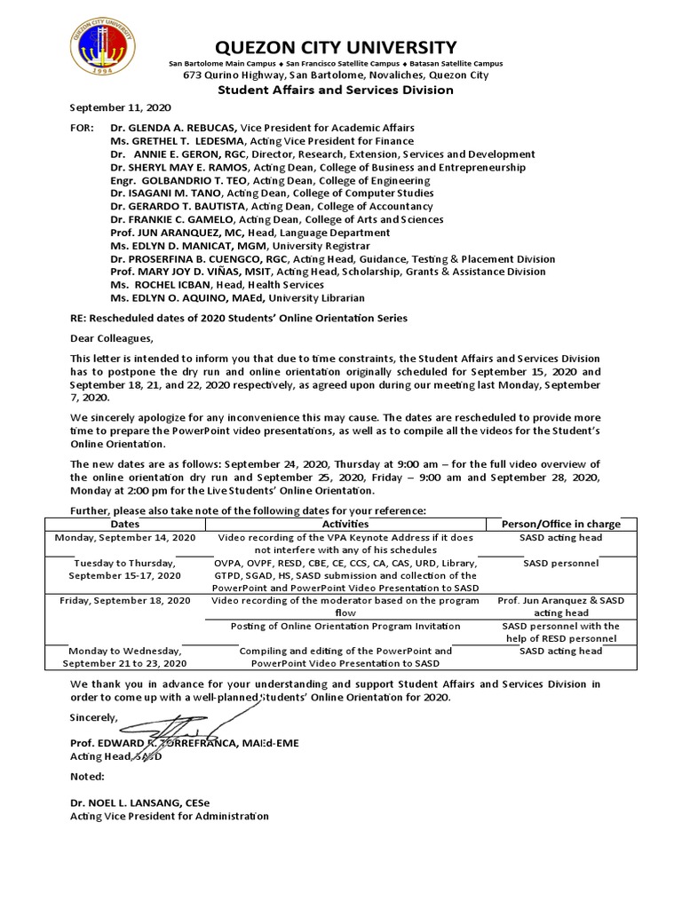 Letter To Resched ONLINE Orientation Sched | PDF | Academia | Science