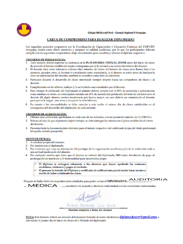 Carta de Compromiso - DR Anthony Alexandre Cosco Hualpa PDF | PDF