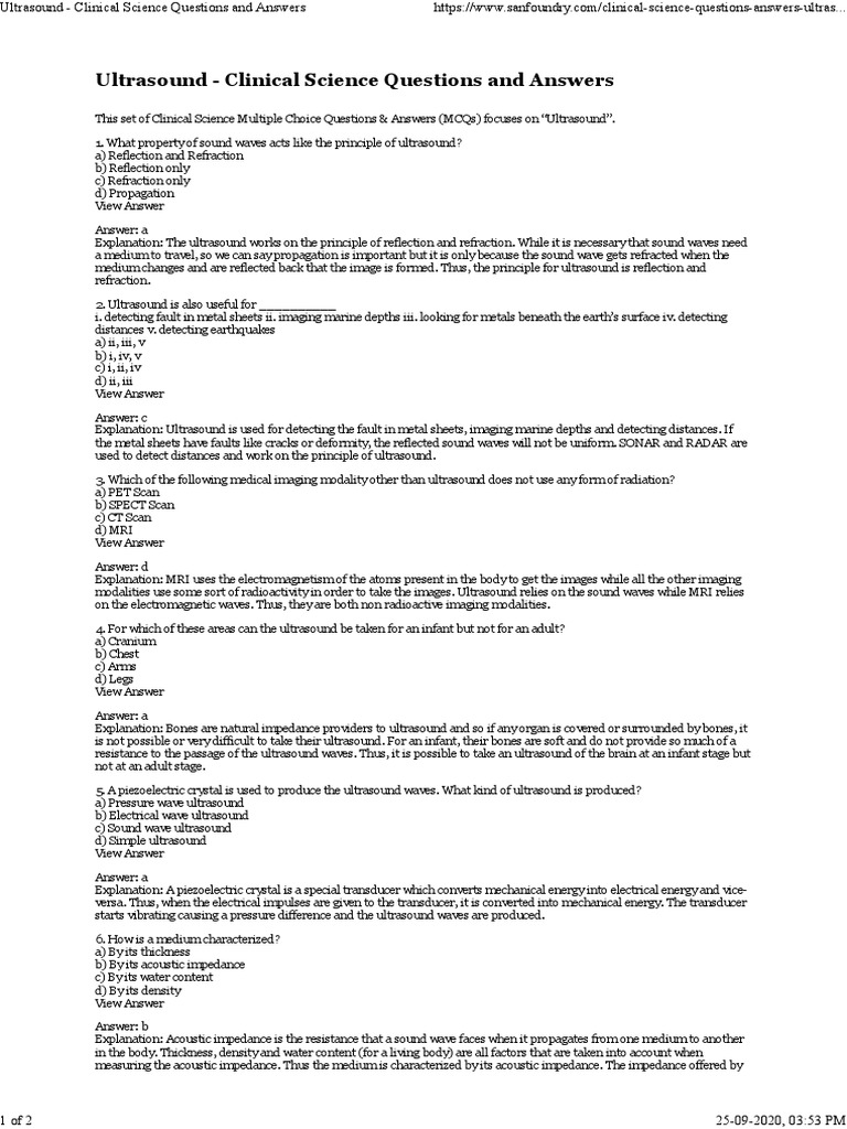 Ultrasound - Clinical Science Questions and Answers | PDF | Medical ...