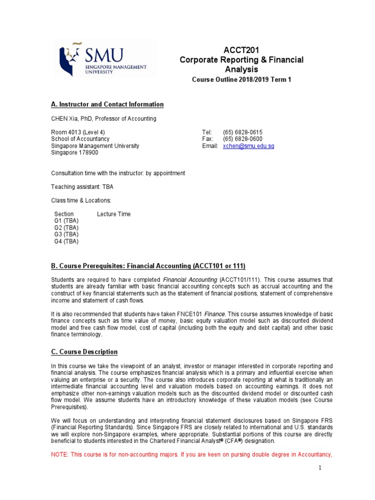 ACCT201 Corporate Reporting & Financial Analysis: Course Outline 2018/ ...