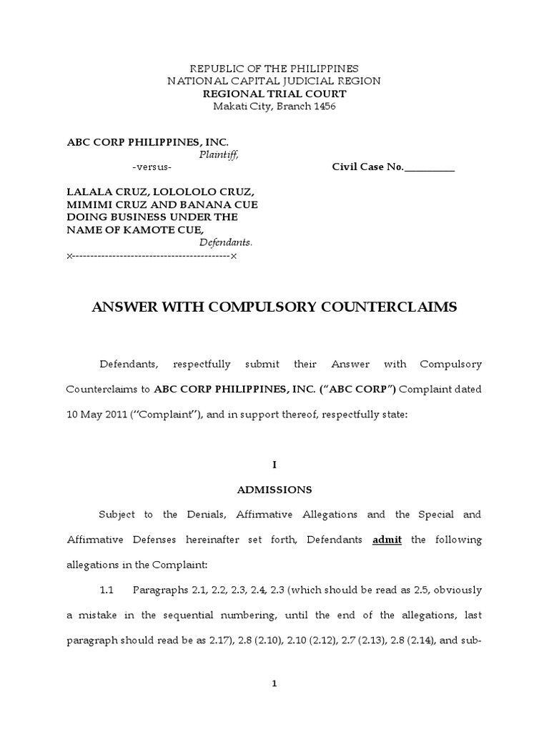Answer With Compulsory Counterclaims | PDF | Lease | Lawsuit