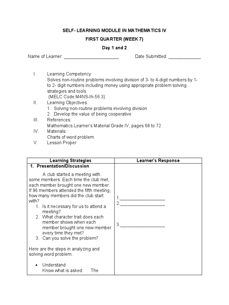 Self-Learning Module in Mathematics Iv First Quarter (Week 7) Day 1 and ...