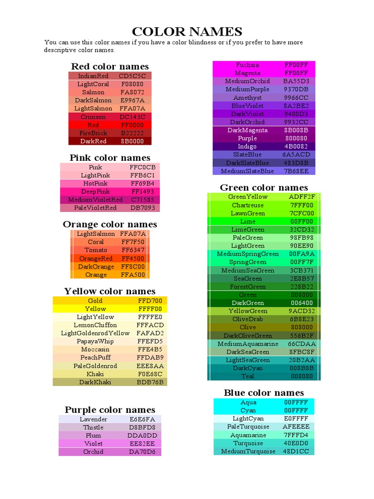HTML and CSS Color Names | Download Free PDF | Light | Cascading Style ...