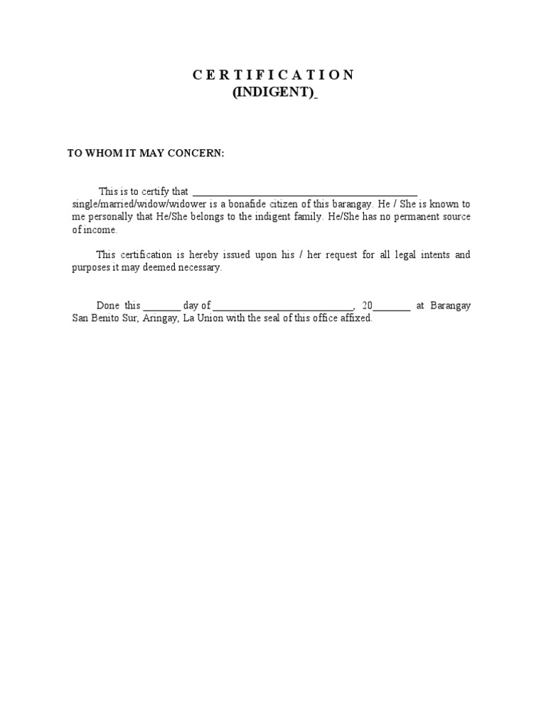 Certification Indigent | PDF