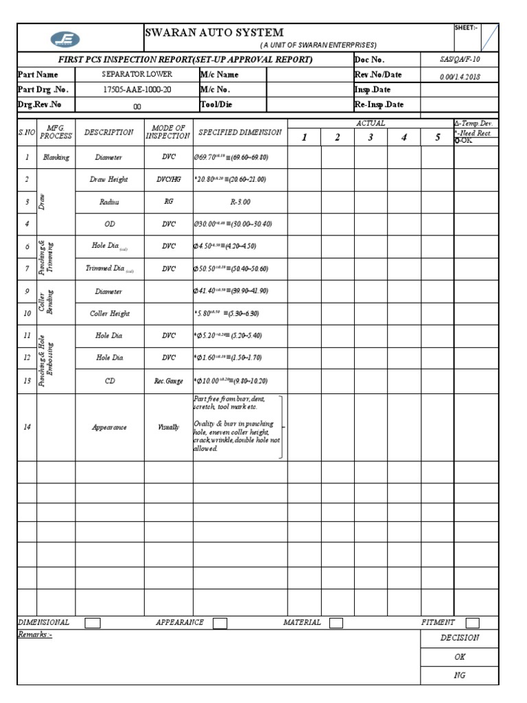 Set-Up Approval Report-Separator Lower | PDF | Metalworking ...