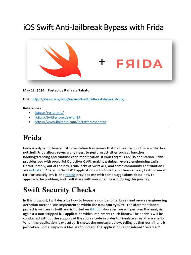 iOS Swift Anti-Jailbreak Bypass With Frida | PDF | Swift (Programming Language) | Objective C