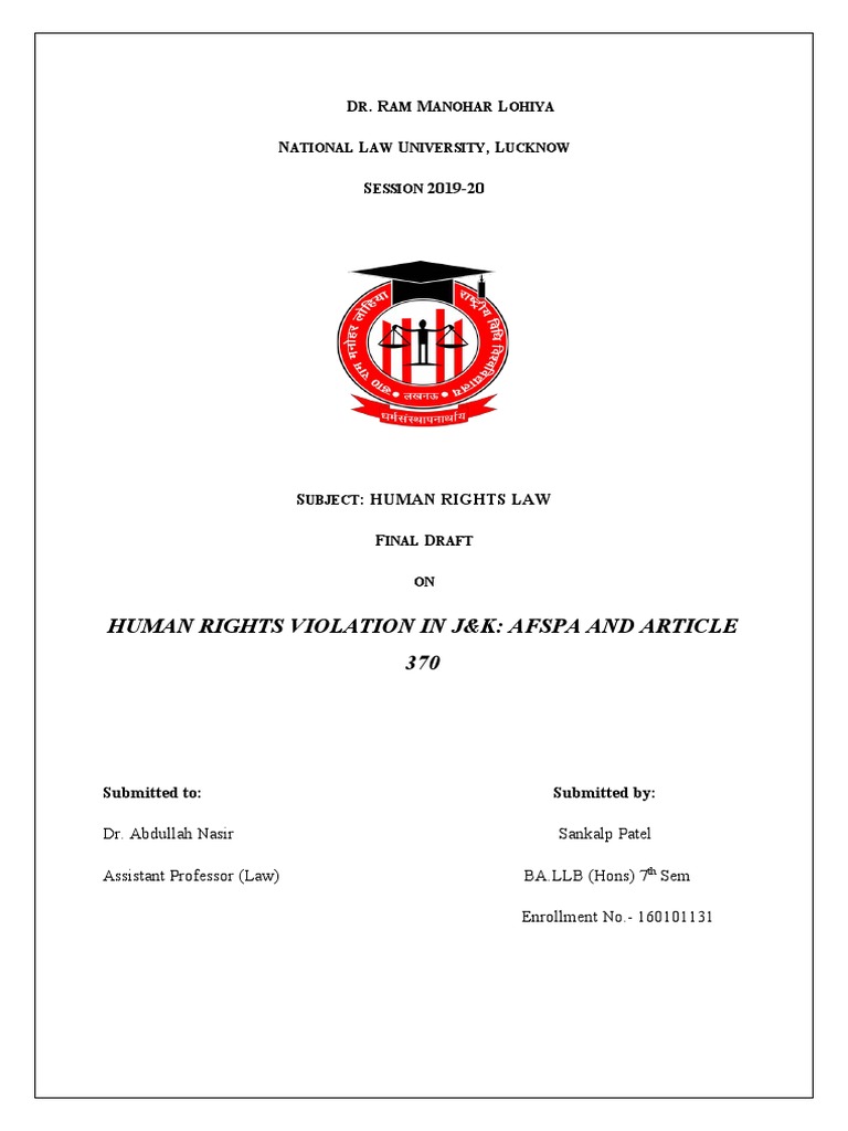 Human Rights Violation in J&K: Afspa and Article 370: D - R M L N L U, L S 2019-20 | PDF ...