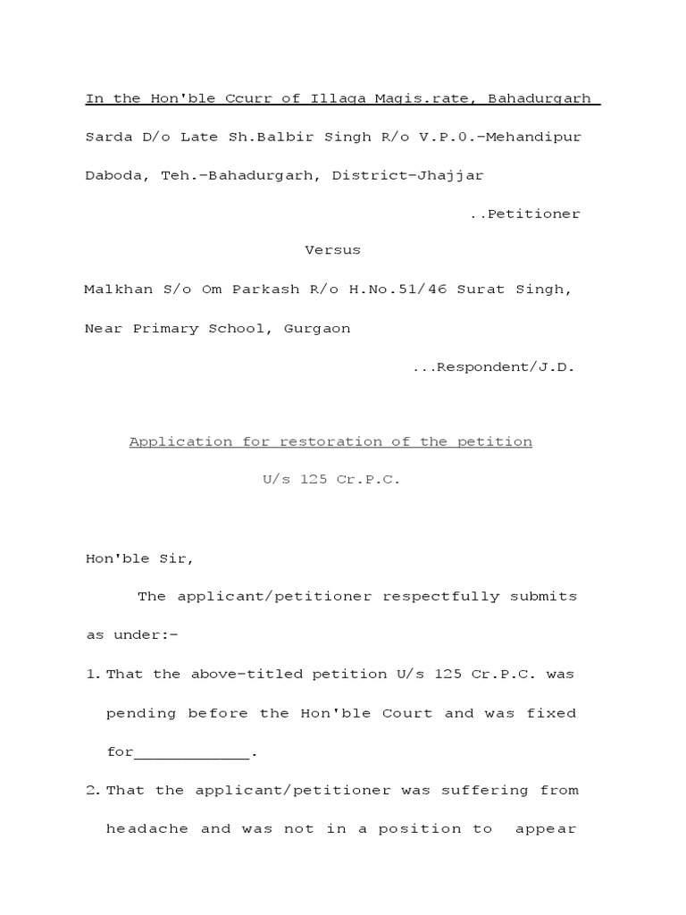 Application For Restoration of The Petition U/s 125 CR.P.C | PDF | Legal Procedure | Virtue