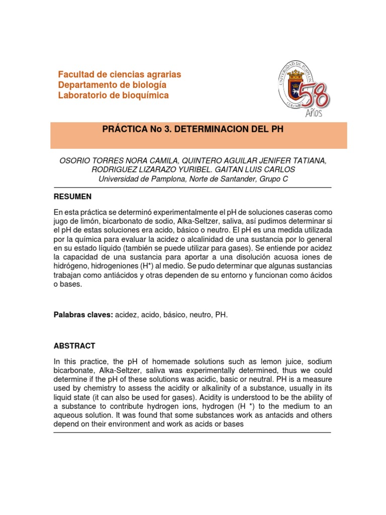 Informe PH Practica 3 PDF | PDF | Ph | Solución tampón