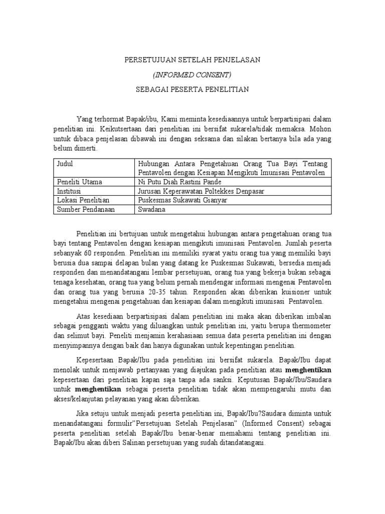 Contoh Informed Consent Penelitian | PDF