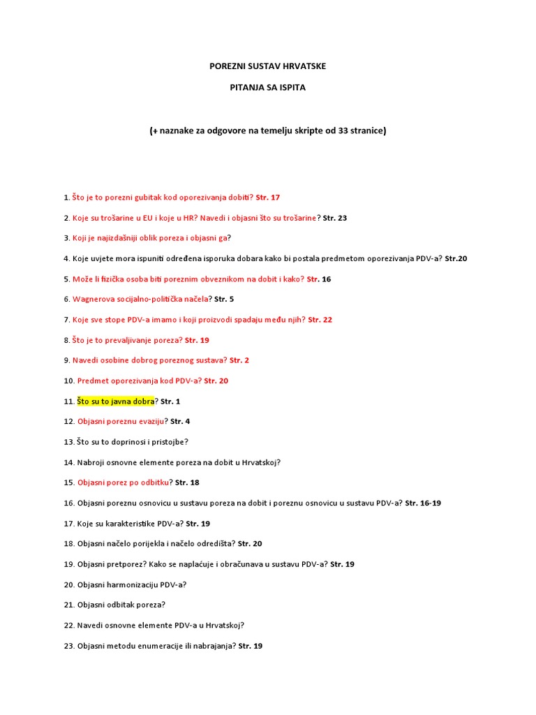 POREZNI SUSTAV HRVATSKE - Pitanja Sa Rokova - Docx Verzija 1 | PDF