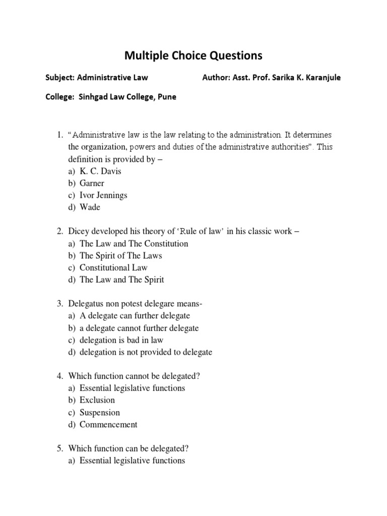 Multiple Choice Questions | PDF | Rule Of Law | Constitution