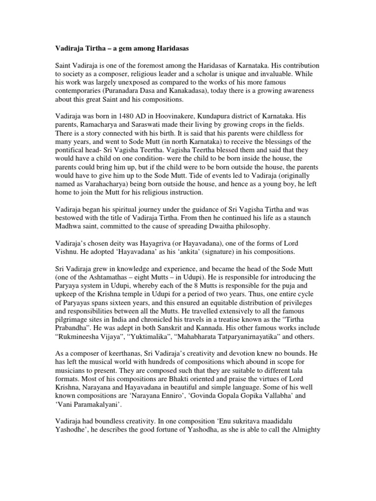 Vadiraja Bio | PDF | Vaishnavism | Monotheistic Religions
