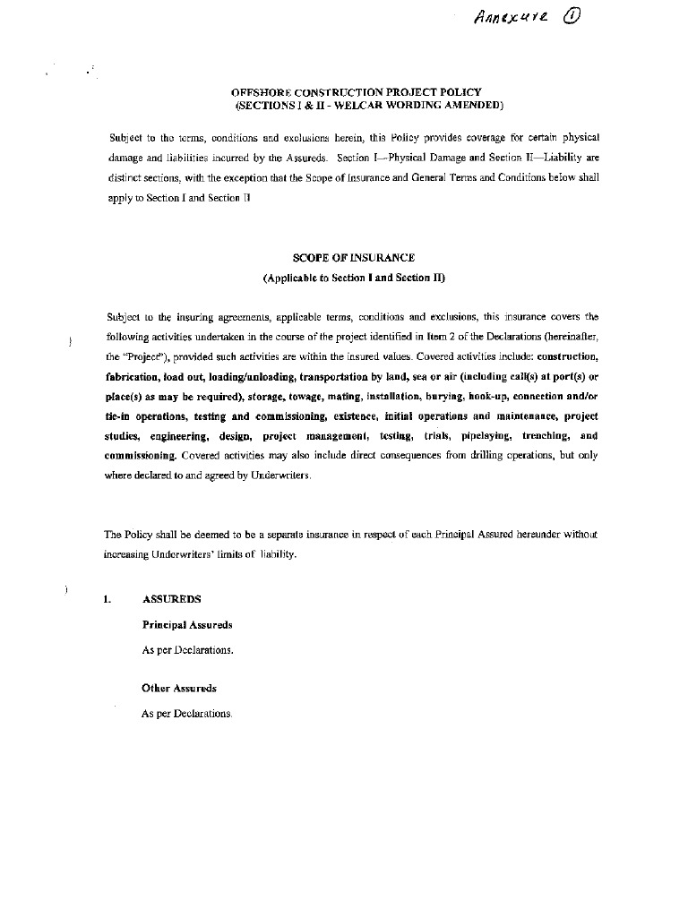 Welcar Offshore Construction Insurance Policy | PDF
