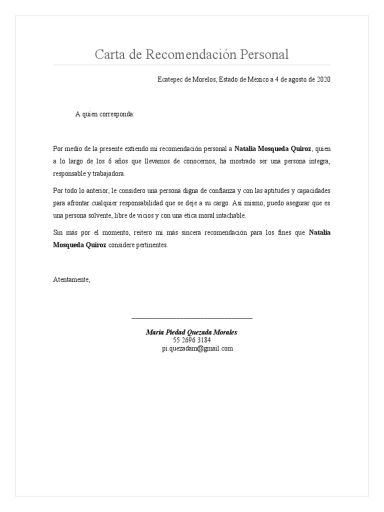 Ejemplo Carta De Recomendacion Personal Pdf