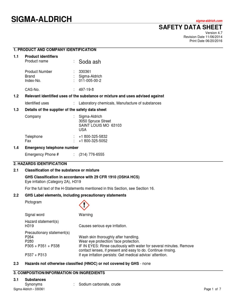 Sigma-Aldrich: Soda Ash | PDF | Toxicity | Personal Protective Equipment
