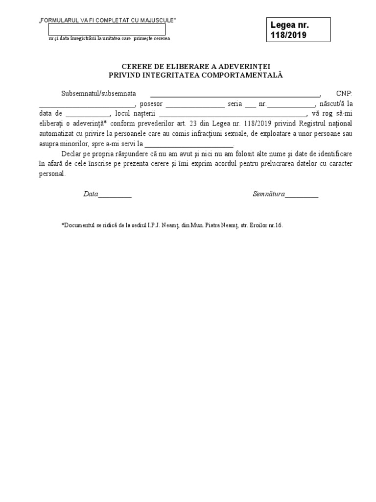 Model Cerere Adeverinta Integritate Comportamentala | PDF