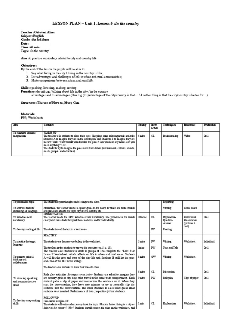 LESSON PLAN - Unit 1, Lesson 5:in The Country: Aim Timing Inter-Action ...
