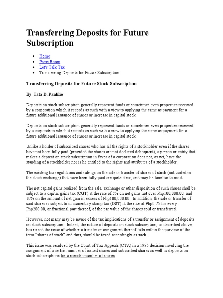 P&A - Transferring Deposits For Future Subscription | PDF | Capital ...
