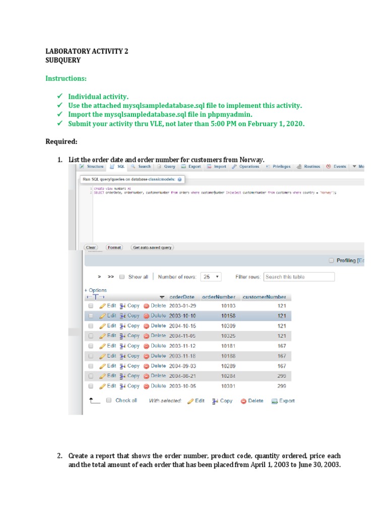 MySQL Subquery Laboratory Activity | PDF | Business | Computers