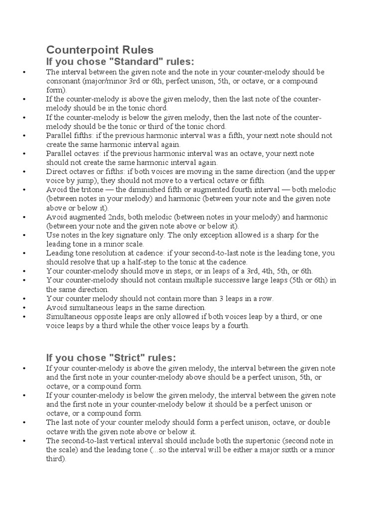 Counterpoint Rules: If You Chose "Standard" Rules | PDF | Interval ...