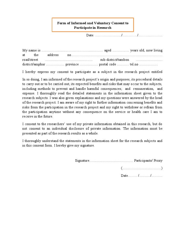 Form of Informed and Voluntary Consent To Participate in Research | PDF