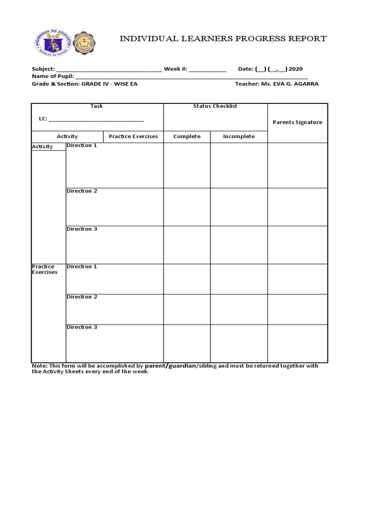 Individual Learners Progress Report: Parent/guardian | PDF | Learning ...