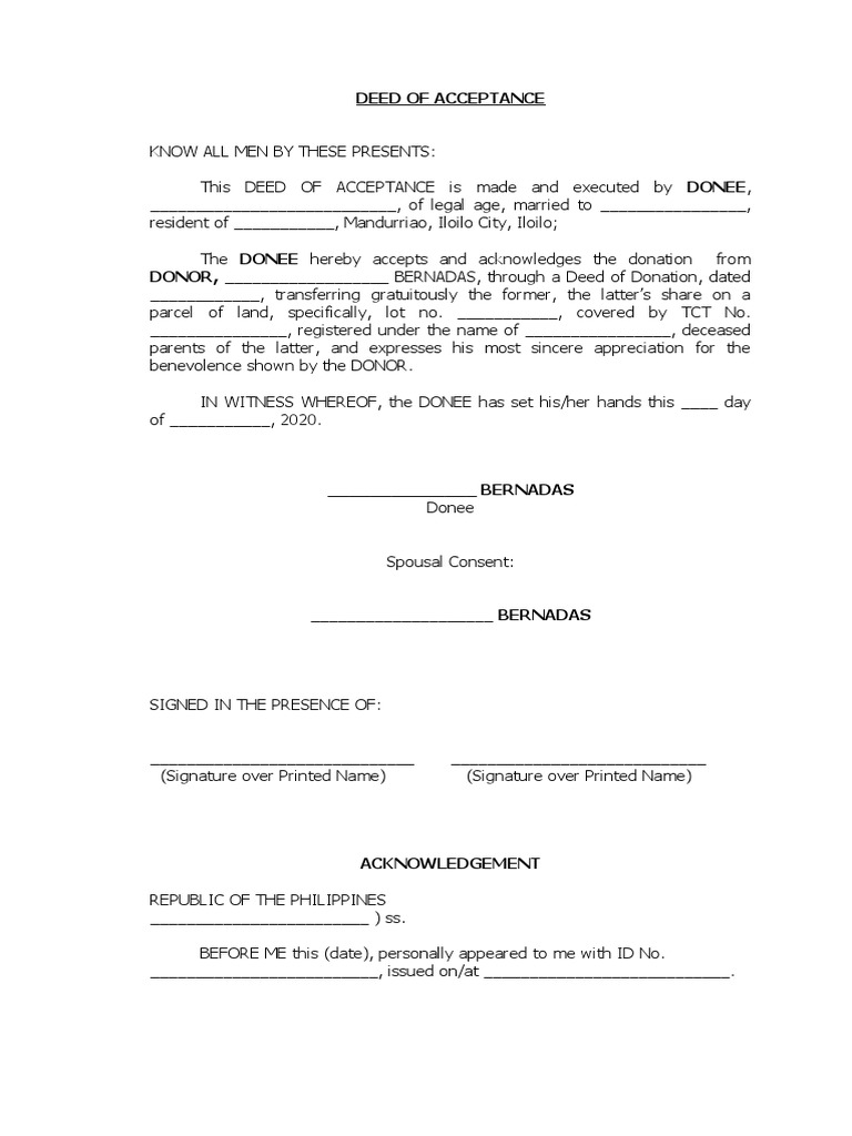 Deed of Acceptance of Donation Sample | PDF