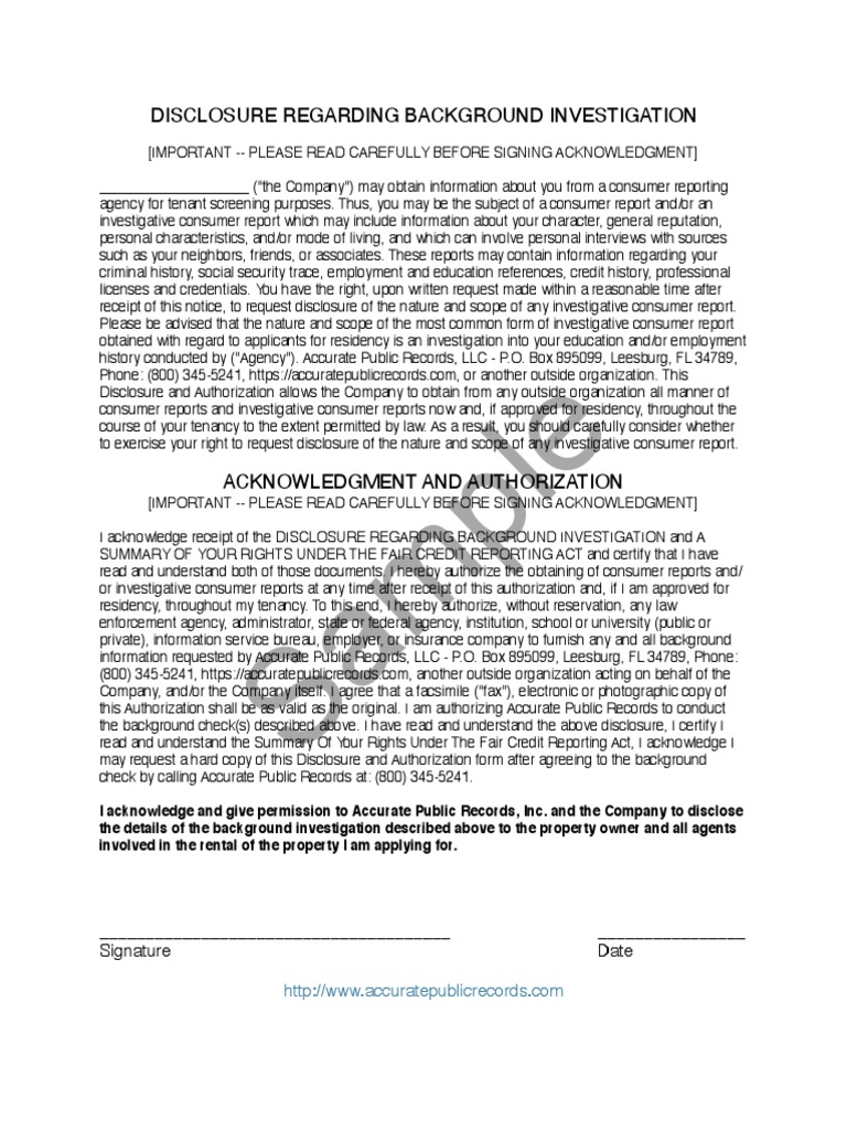 Sample: Disclosure Regarding Background Investigation | PDF ...
