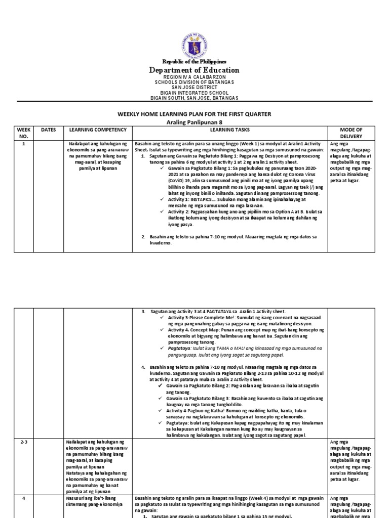 AP8-Weekly-Home-Learning-Plan (Q - 1) | PDF
