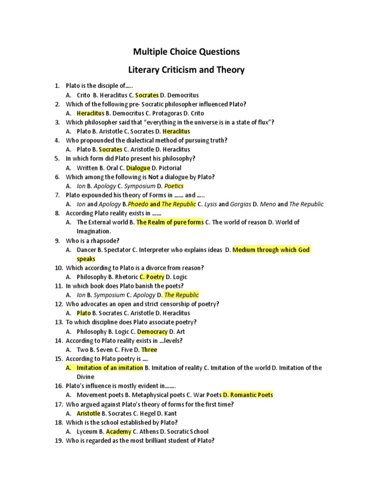 Multiple Choice Questions Literary Criticism and Theory | PDF | Plato | Id