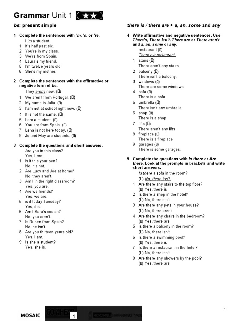 Grammar Unit 1: Be: Present Simple There Is / There Are + A, An, Some ...