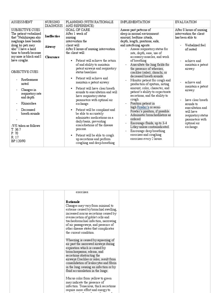 Ineffective Airway Clearance: Fowler's | PDF | Respiratory Tract | Cough