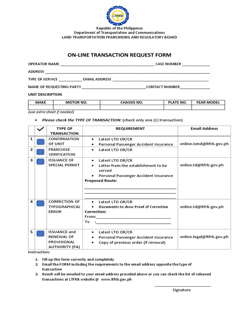 On-Line Transaction Request Form: Type of Transaction Requirement Email ...