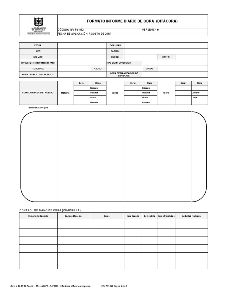IMV-FM-012 Formato Informe Diario de Obra BITACORA V 1.0 | PDF