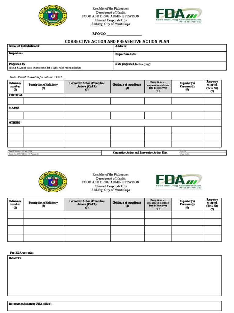 FDA CAPA Plan for Establishments | PDF | Food And Drug Administration ...