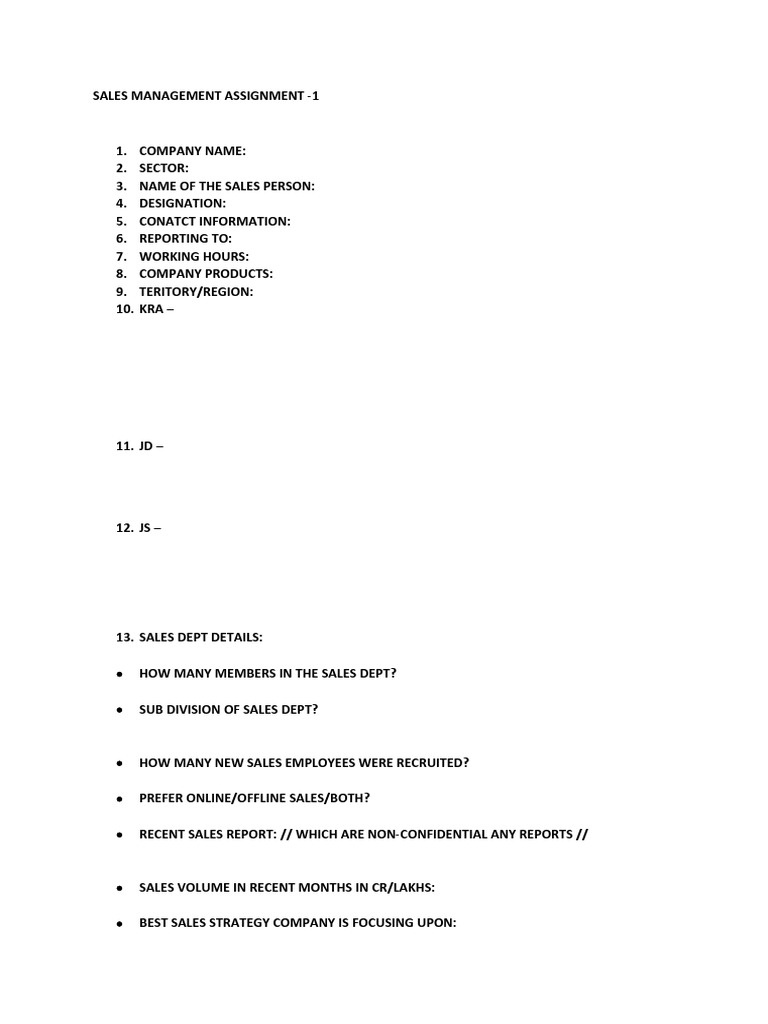 Sales Management Assignment Overview | PDF