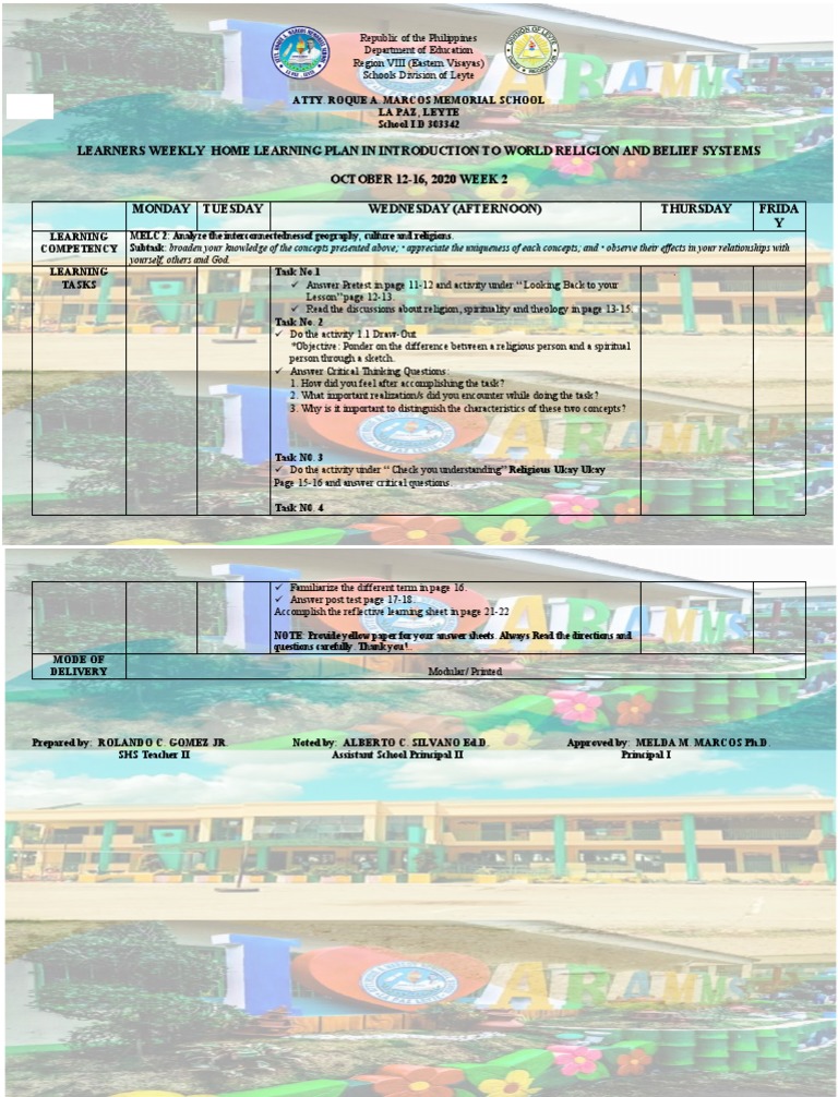 Learners Weekly Home Learning Plan in Introduction To World Religion and Belief System Week 2 ...