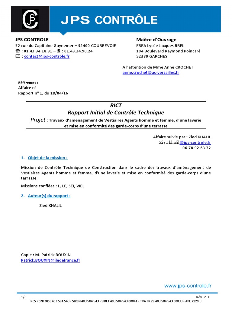 Rapport Initial de Contrôle Technique RICT | PDF | Entrepreneur ...