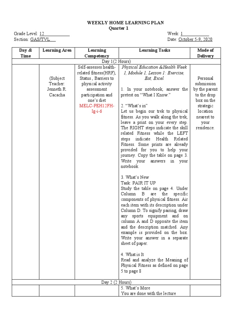 Grade 12 PE & Health Weekly Plan | PDF | Weight | Body Mass Index
