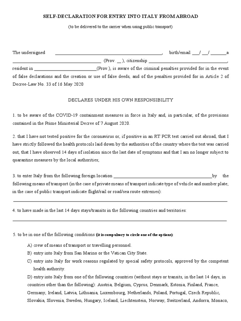 Self-Declaration For Entry Into Italy From Abroad: (To Be Delivered To ...