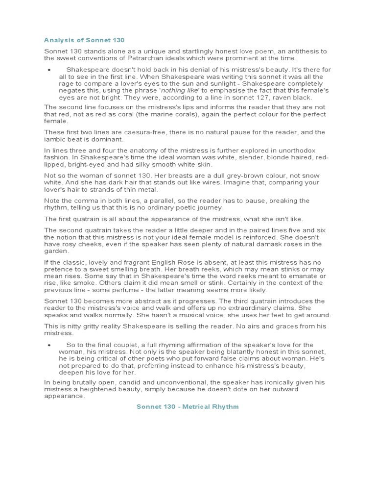 Analysis of Sonnet 130 | PDF | Sonnets | Poetic Form