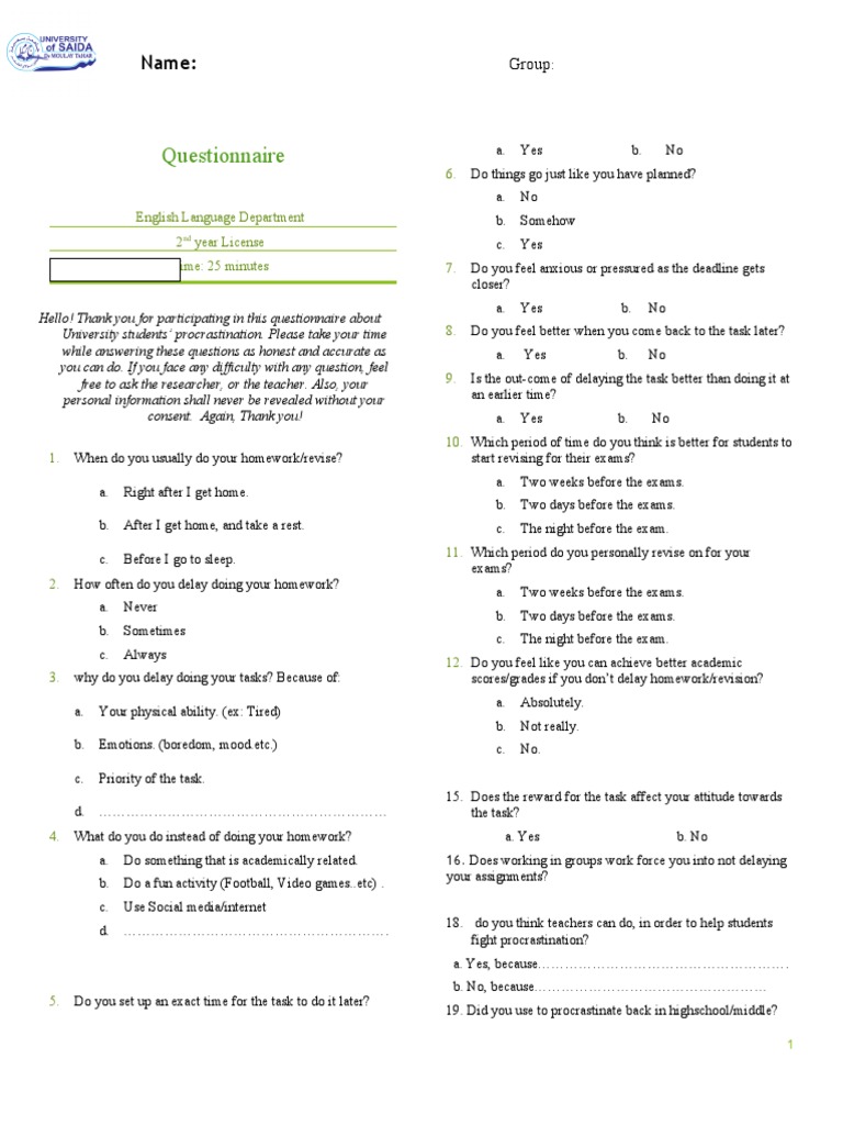 Questionnaire: Name | PDF | Homework | Test (Assessment)